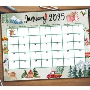 Editable January 2025 Calendar for Happy Winter, New Year 2025, Trees ...