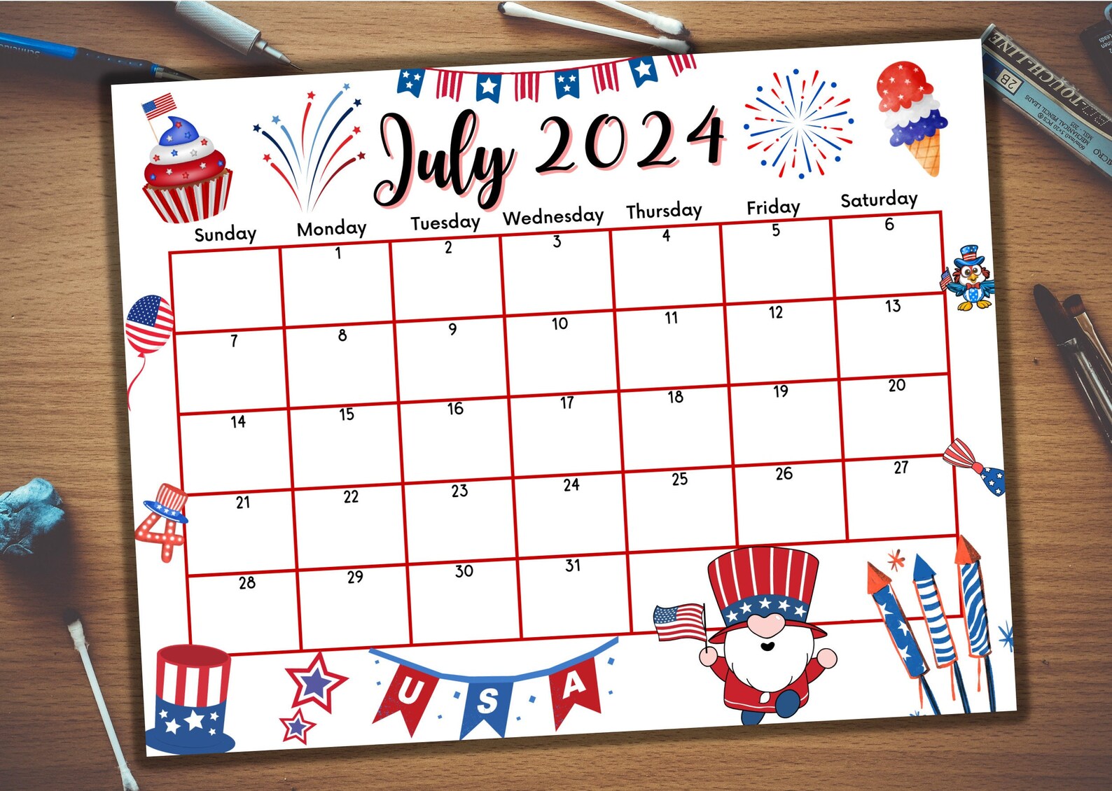 Editable Fillable July 2024 Calendar for Happy 4th July Independence ...