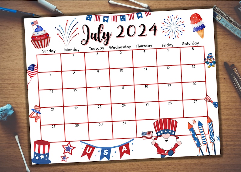 Editable Fillable July 2024 Calendar for Happy 4th July Independence ...
