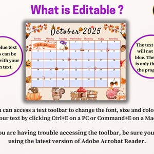 Editable Fillable October 2025 Calendar for Autumn, Fall, Happy ...
