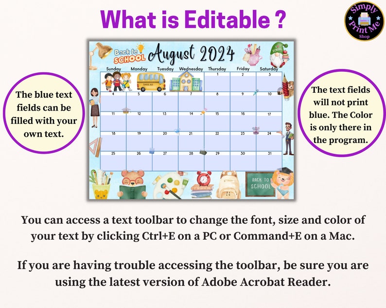 Editable Fillable August 2024 Calendar for Back to School, Monthly ...
