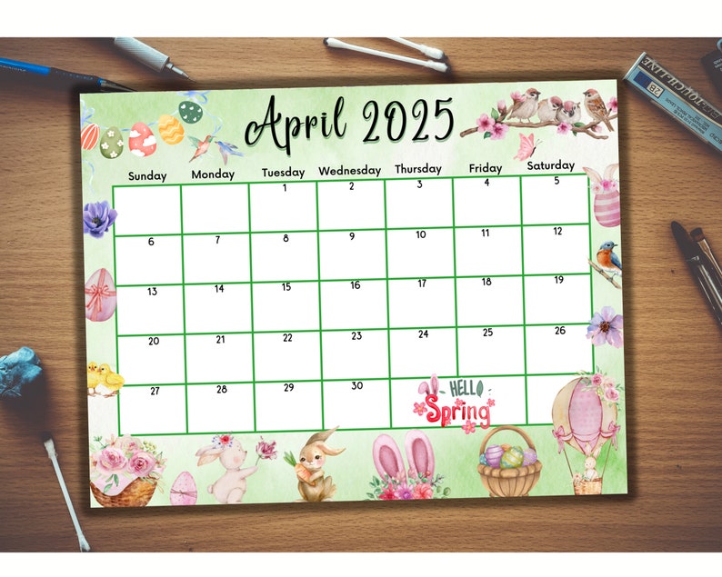Editable Fillable April 2025 Calendar for Happy Easter, Cute Bunnies ...