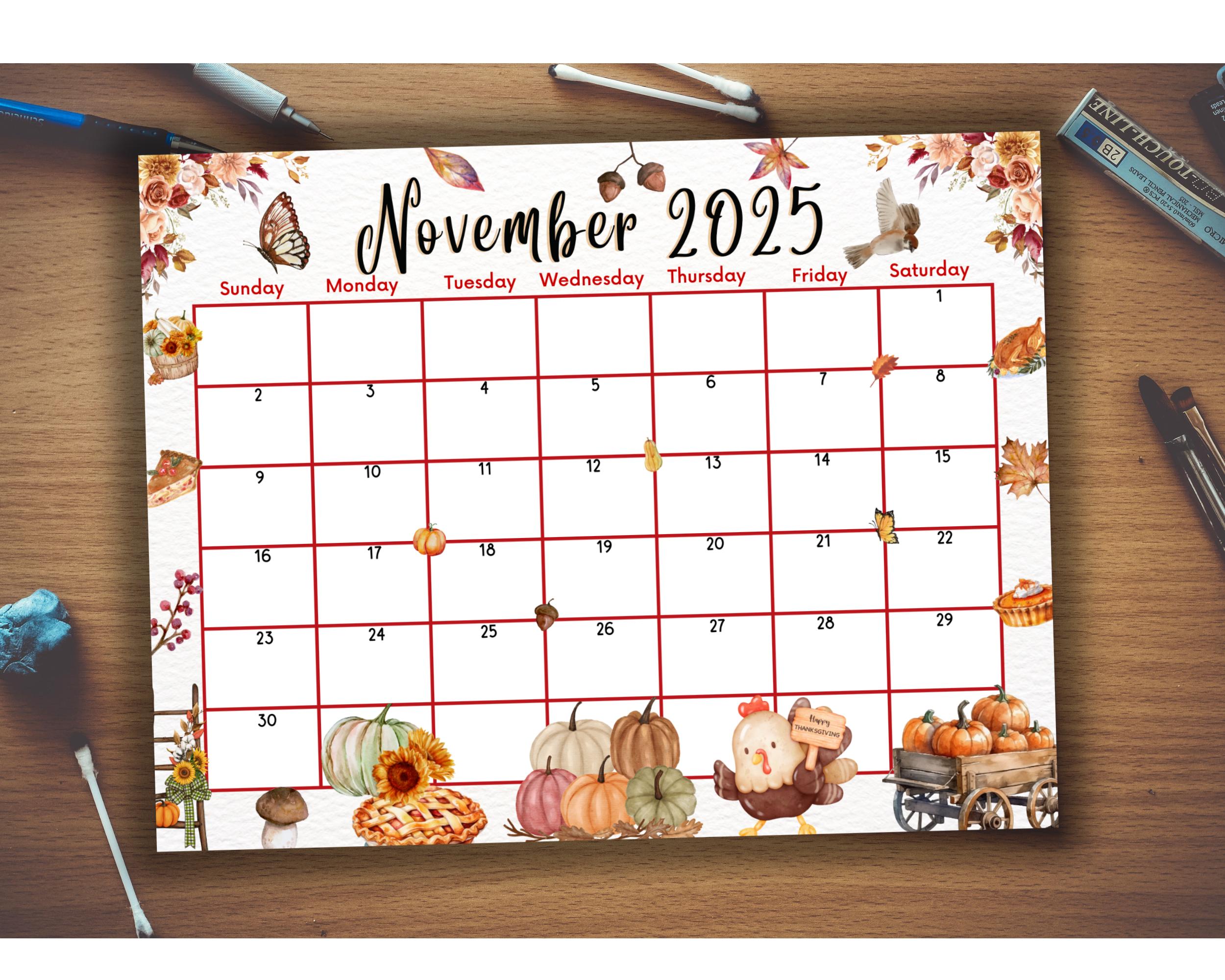 Editable Fillable November 2025 Calendar, Printable, Thanksgiving ...