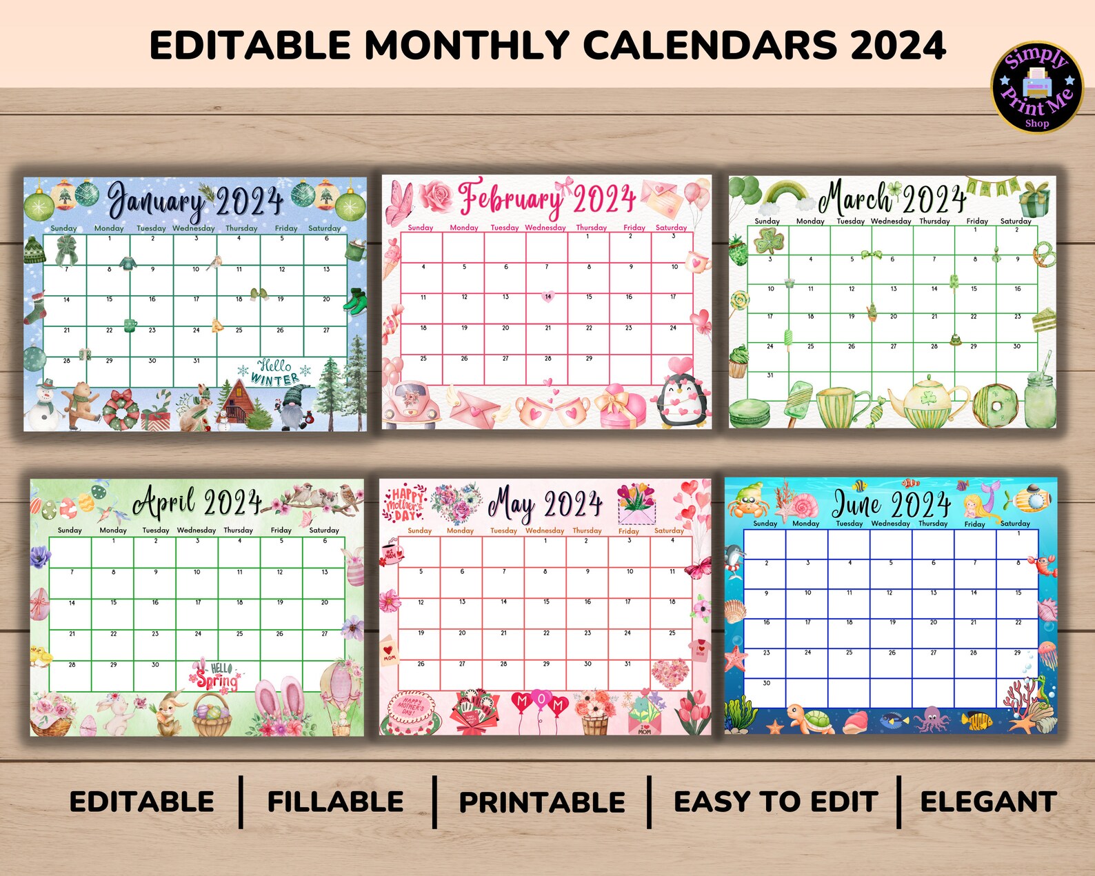 EDITABLE Monthly Calendar 2024 Bundle 12 Month for Home and Office ...