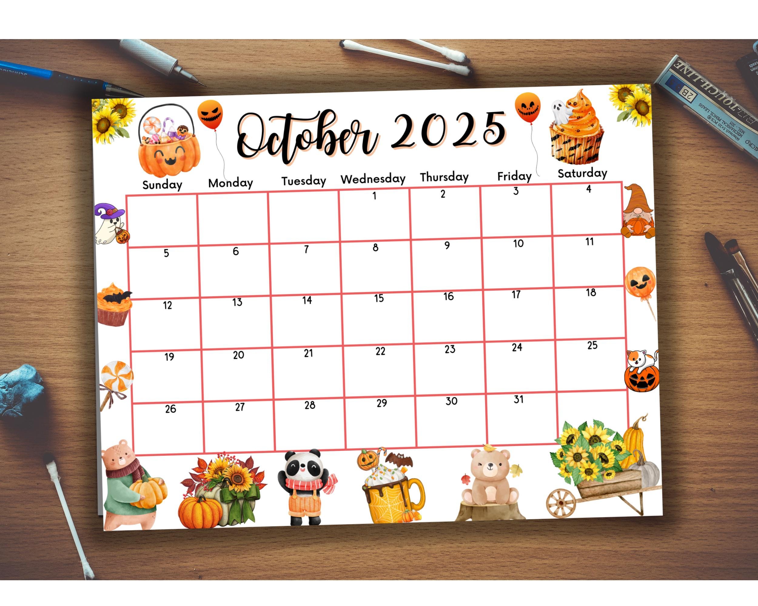 Editable Fillable October 2025 Calendar for Autumn, Fall, Happy ...