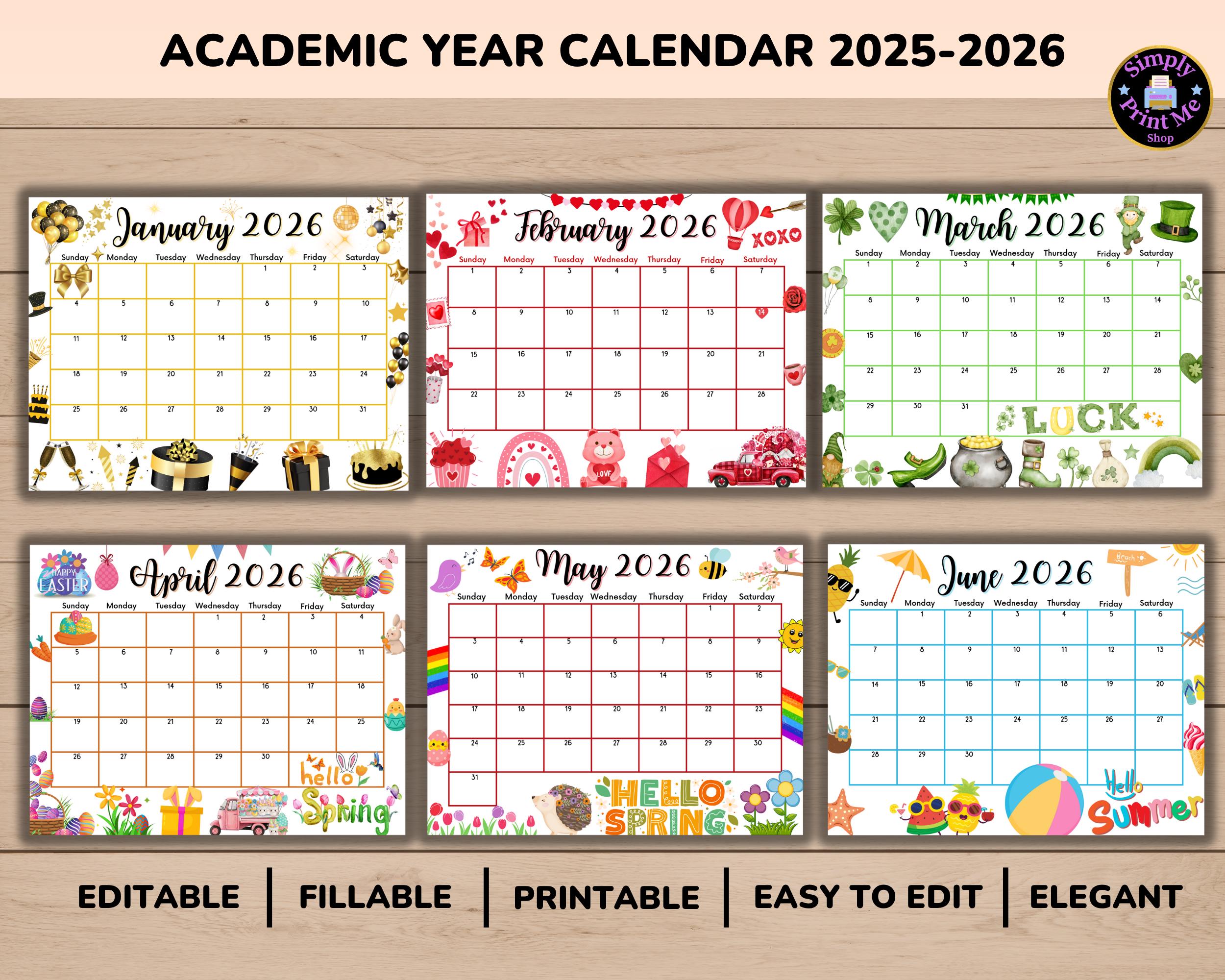Editable Fillable School Calendar 2025-2026 From July to June ...