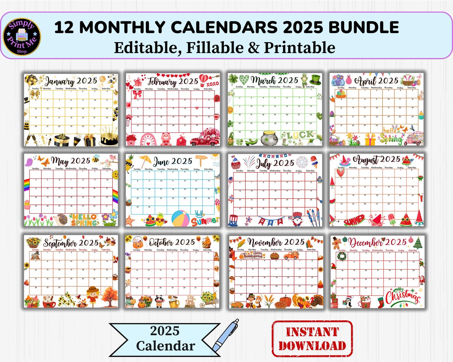 Editable Fillable Monthly Calendar 2025 Bundle From January to December ...