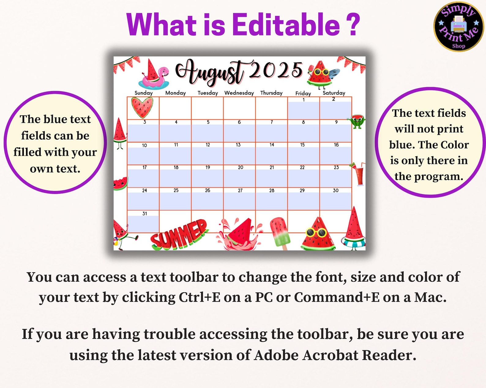Editable Fillable August 2025 Calendar for Happy Summer Vacation, Funny ...