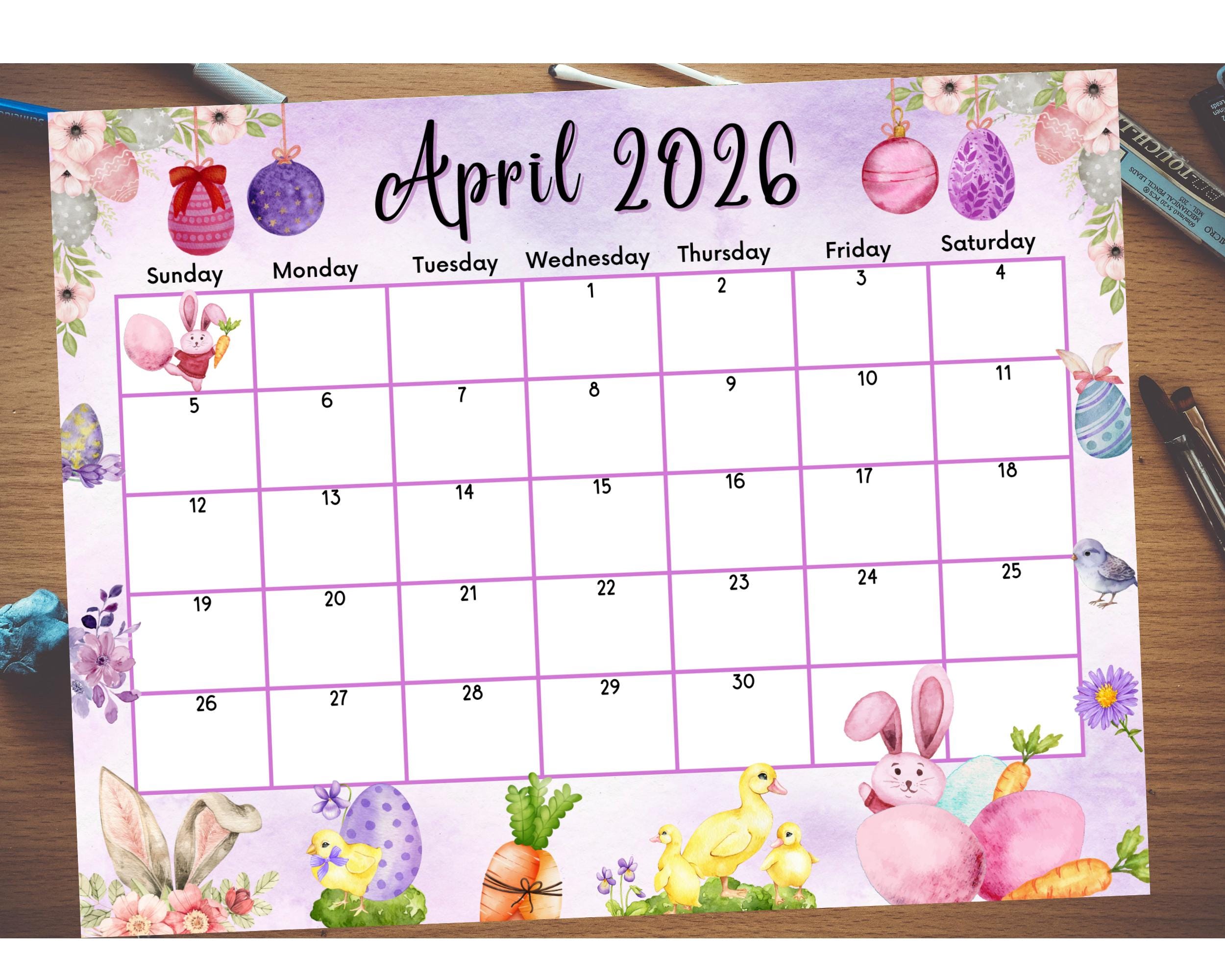 Editable Fillable April 2026 Calendar for Happy Easter With Cute Bunnie ...