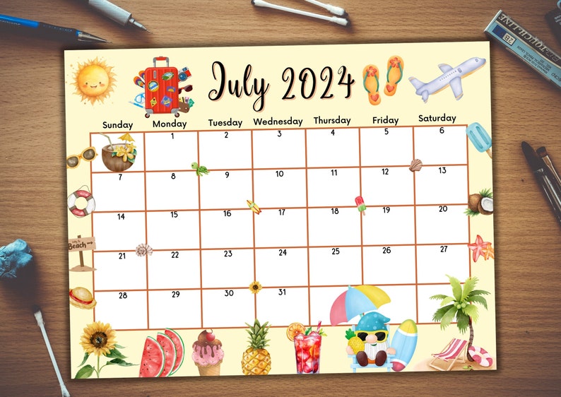 Editable Fillable July 2024 Calendar for Joyful Summer, Relaxing ...