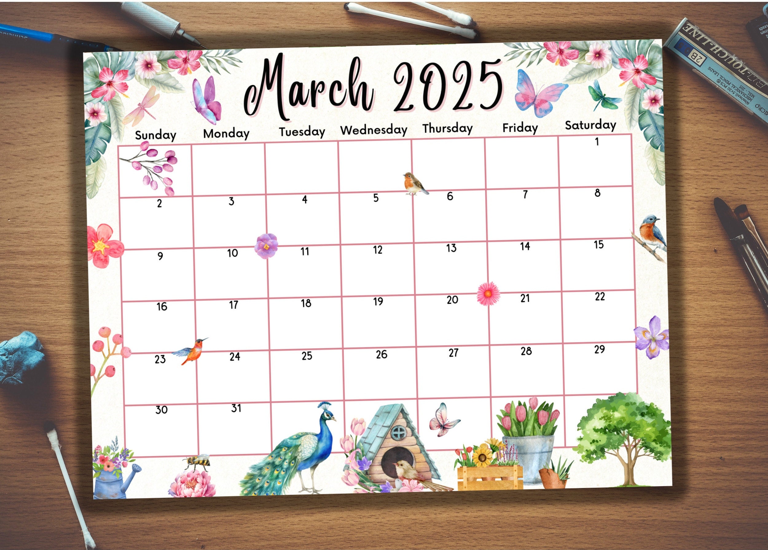 Editable Fillable March 2025 Calendar for Joyful and Colorful Spring ...
