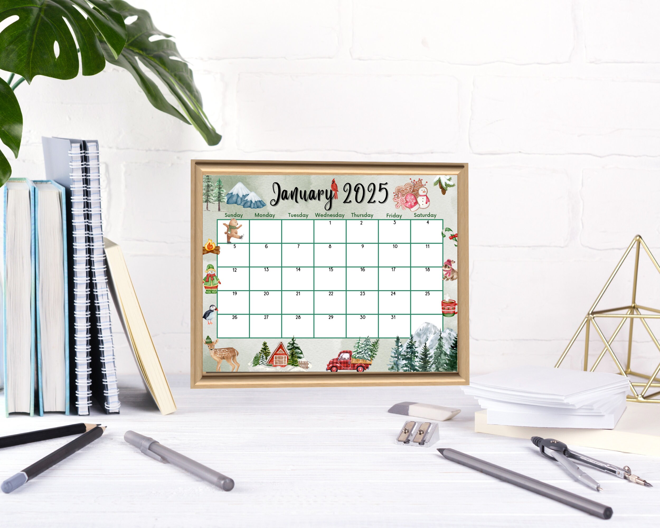 Editable January 2025 Calendar for Happy Winter, New Year 2025, Trees ...