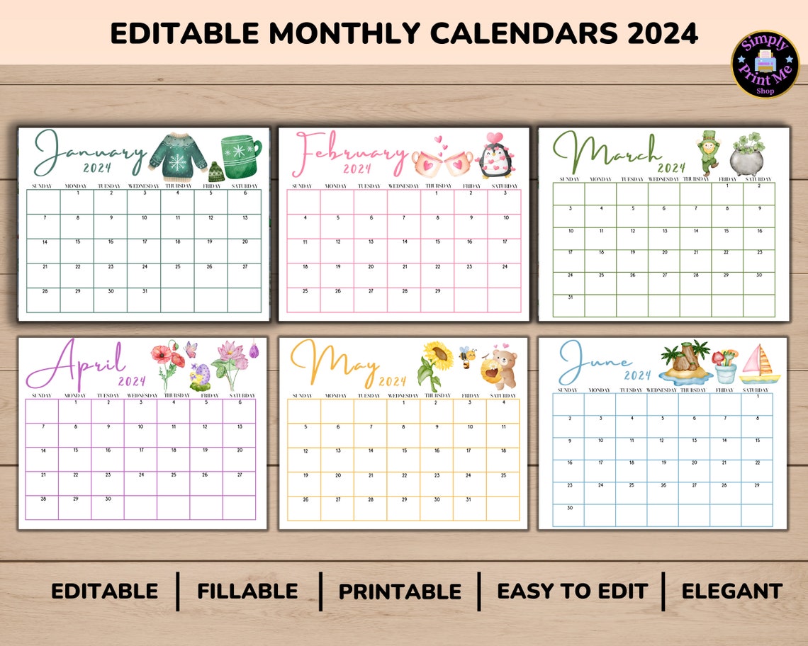 2024 EDITABLE Monthly Watercolor Calendar Bundle, 12 Month, Minimalist ...