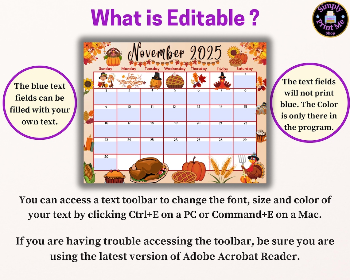 Editable Fillable November 2025 Calendar for Happy Thanksgiving ...