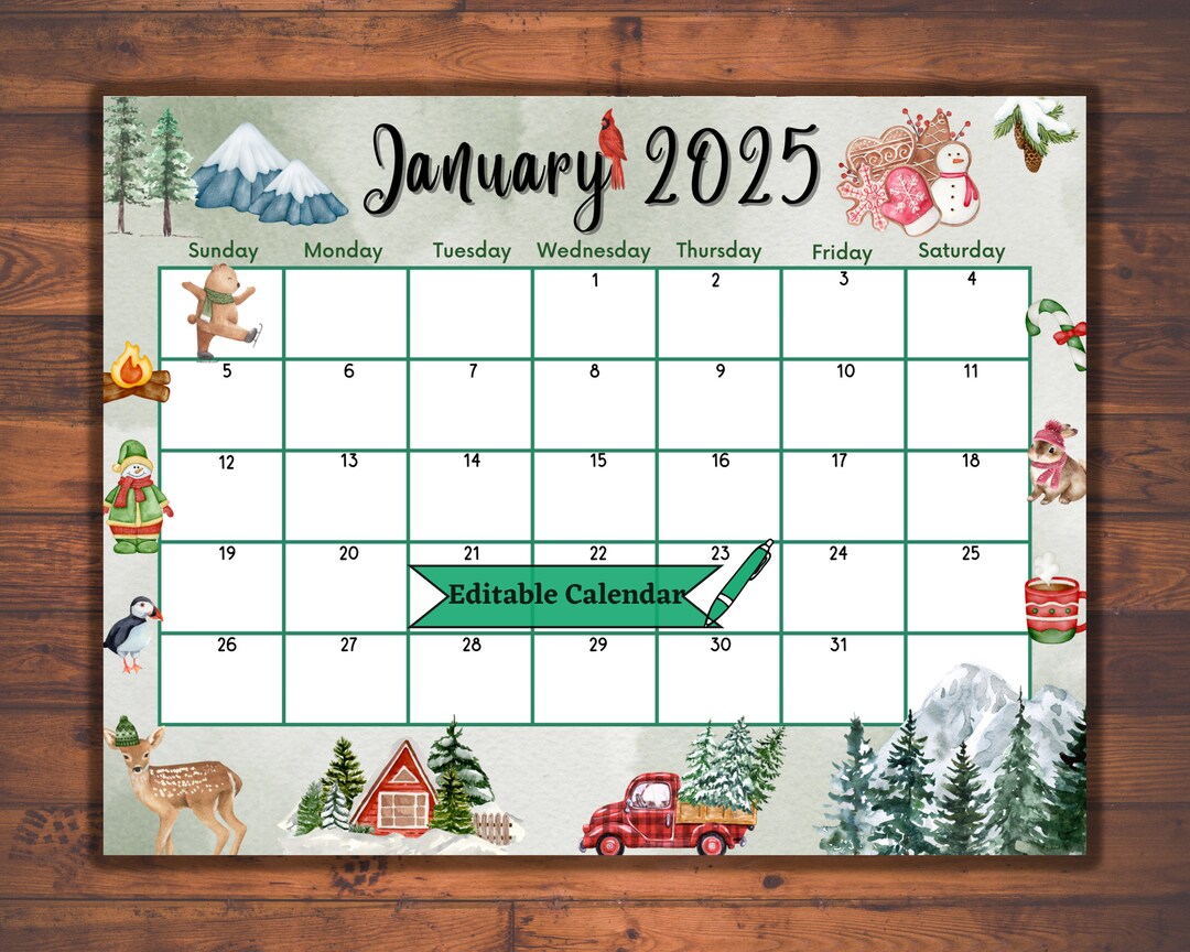 Editable January 2025 Calendar for Happy Winter, New Year 2025, Trees ...