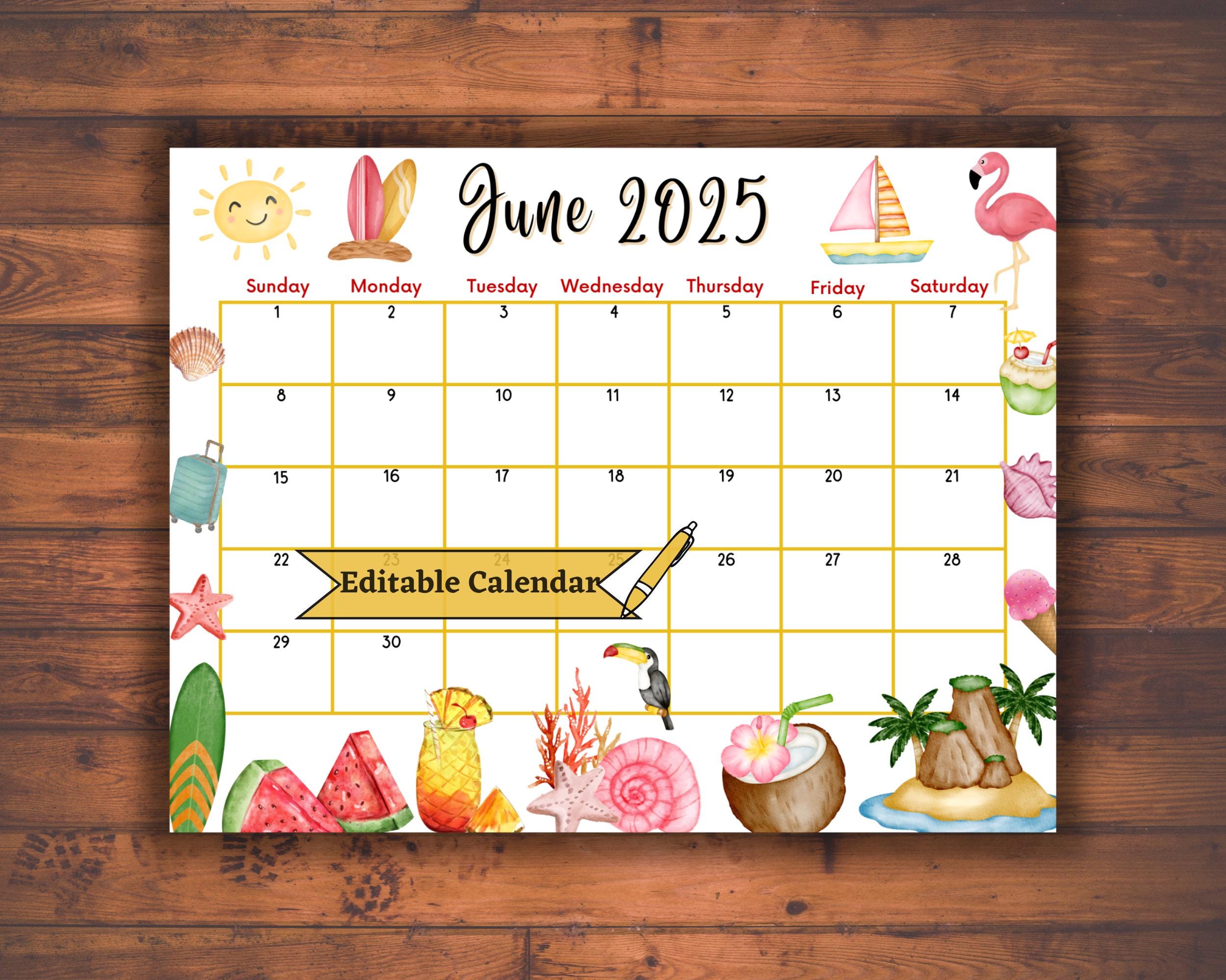 Editable Fillable June 2025 Calendar for Joyful Summer at the Beach ...