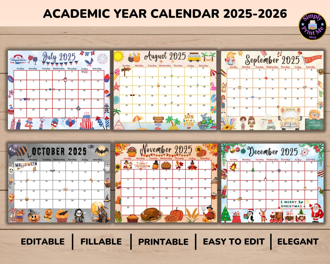 Editable School Calendar 2025-2026 From July to June, Printable ...