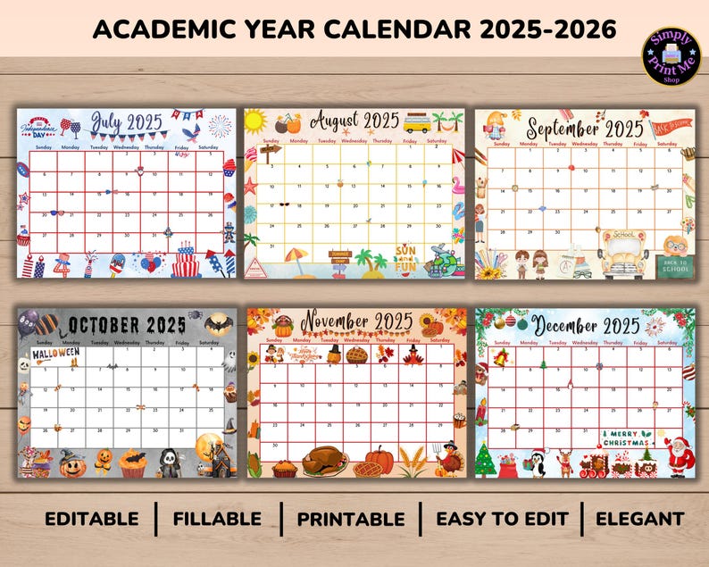 Editable School Calendar 2025-2026 From July to June, Printable ...