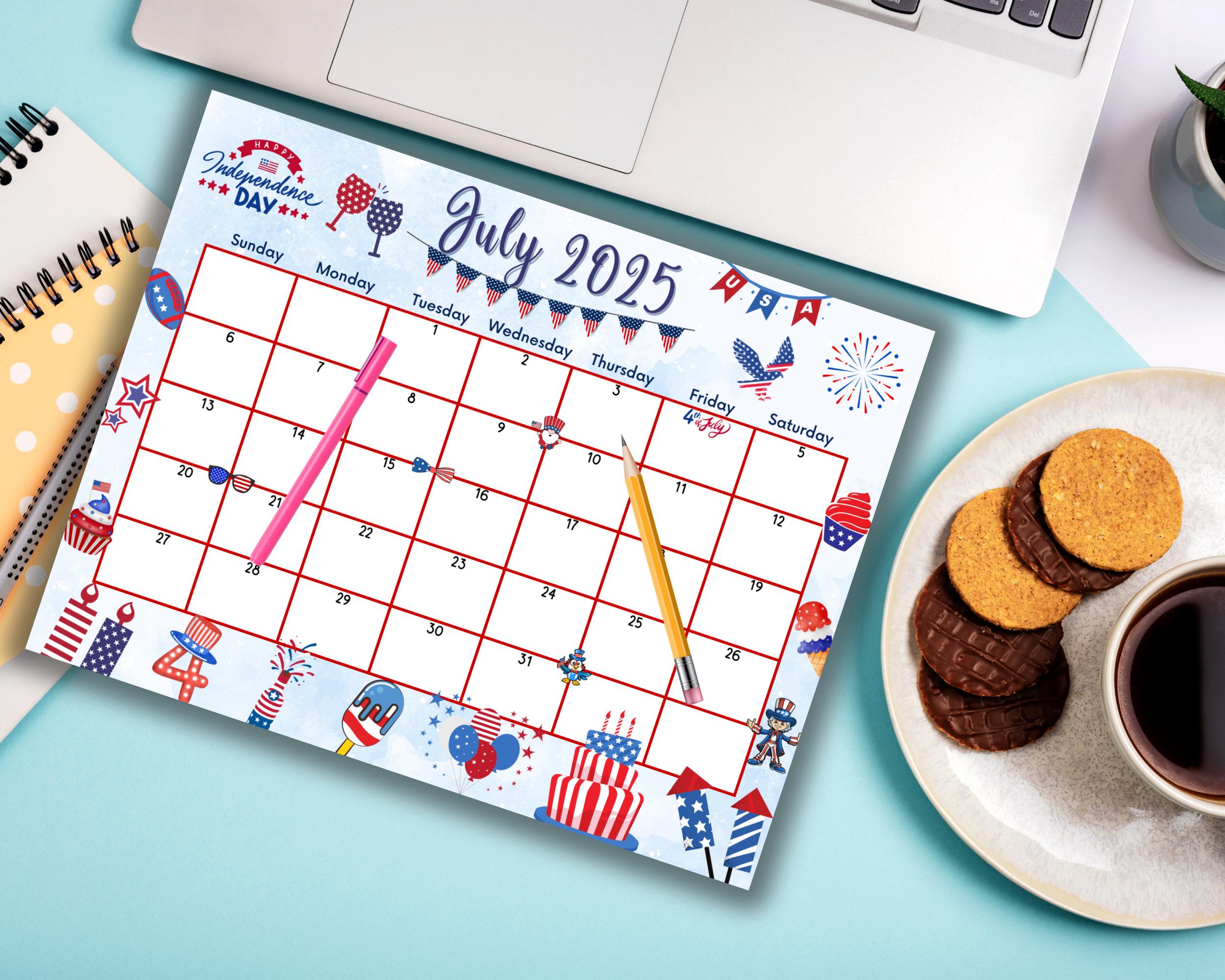 Editable Fillable July 2025 Calendar for 4th July Independence Day ...