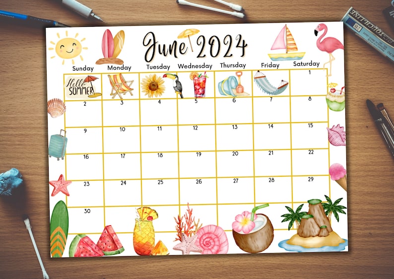 Editable Fillable June 2024 Calendar for Joyful Summer at the Beach ...