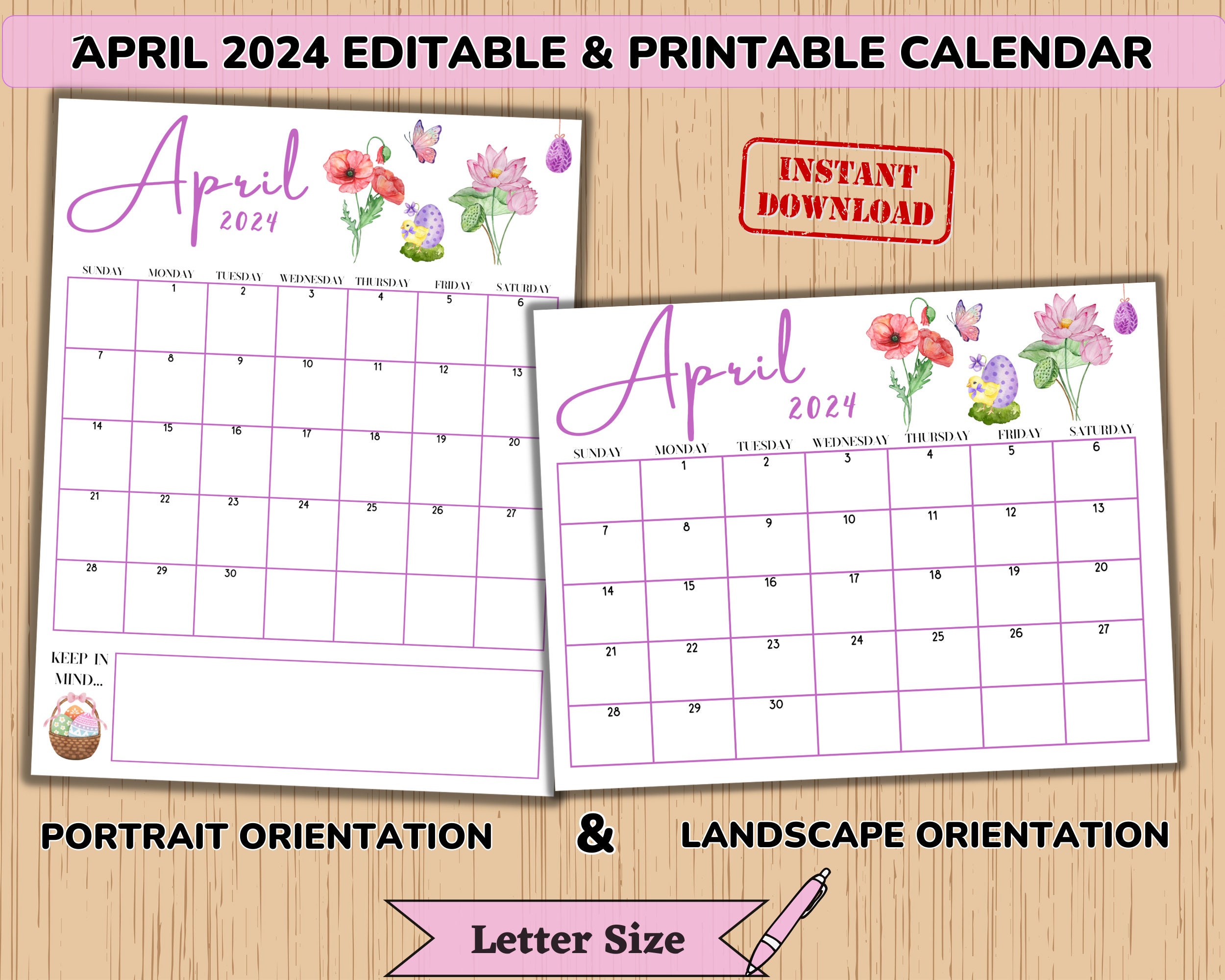 EDITABLE April 2024 Calendar, Printable Classroom Planner, Landscape ...