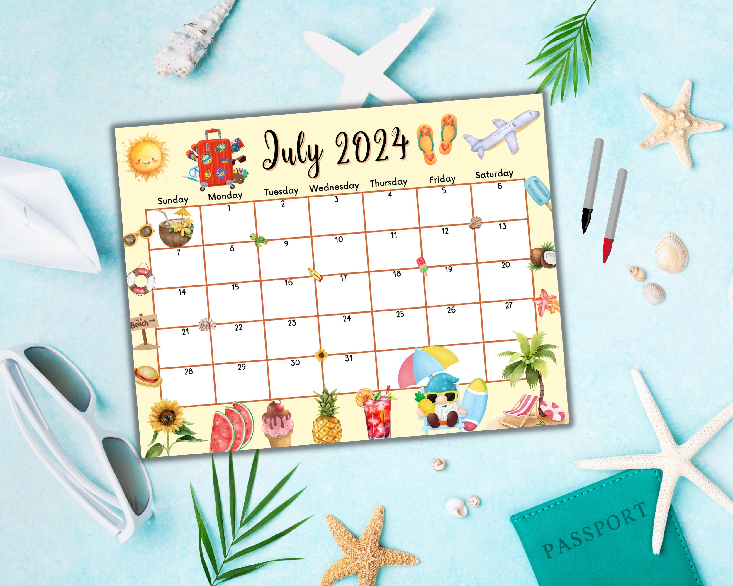 Editable Fillable July 2024 Calendar for Joyful Summer, Relaxing ...