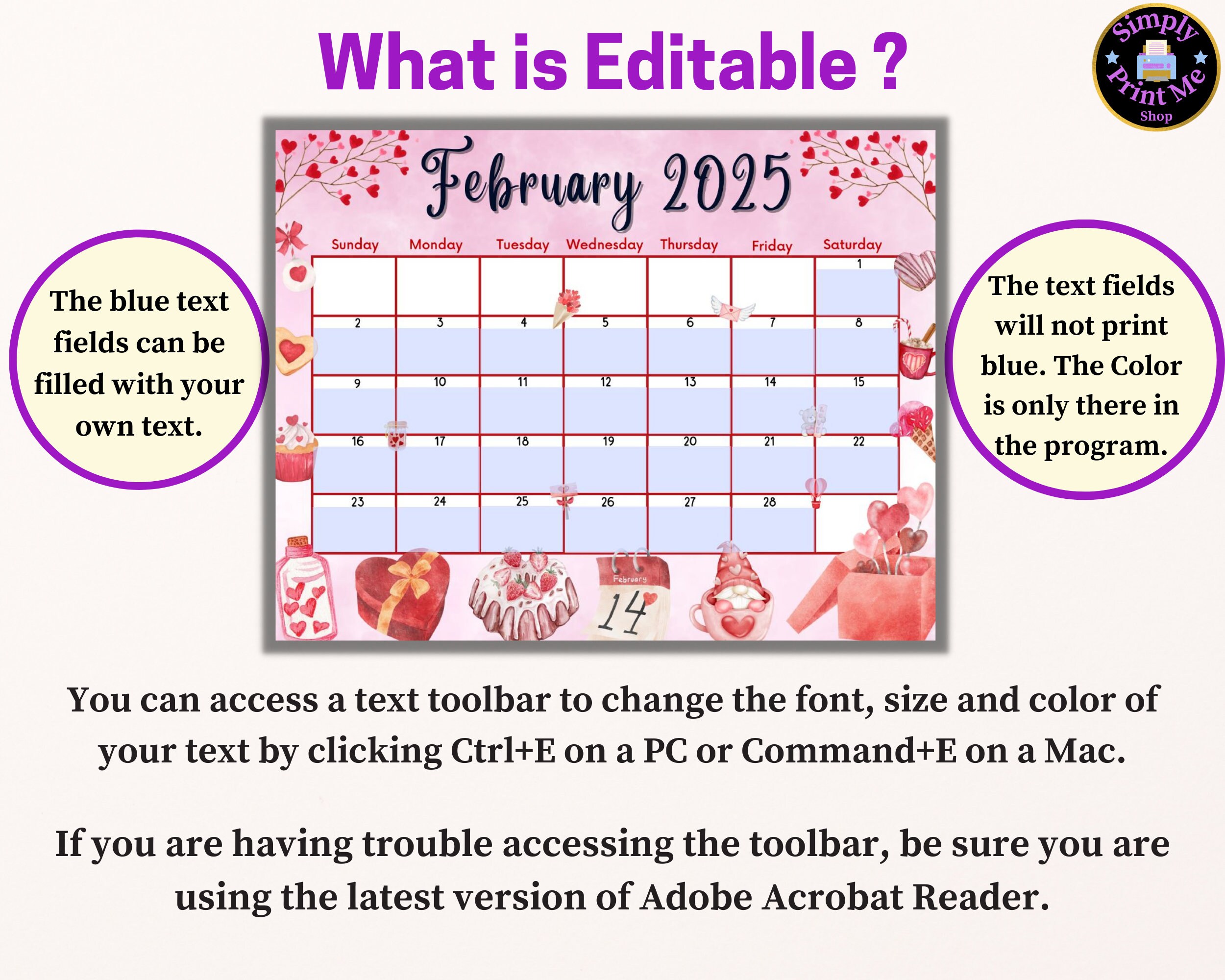 Editable Fillable February 2025 Calendar for Valentines Day, Printable ...