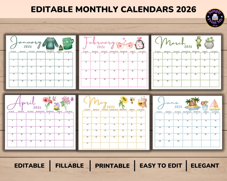 2026 Monthly Calendar Bundle: Minimalist Editable Printable Planner ...