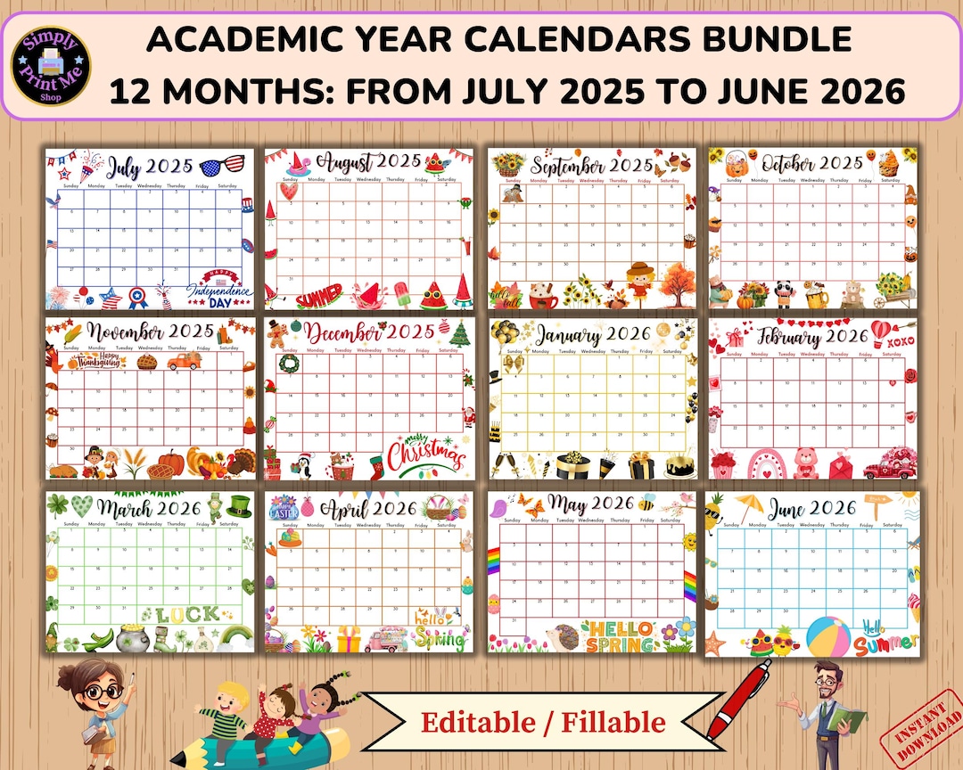 Editable Fillable School Calendar 2025-2026 From July to June ...