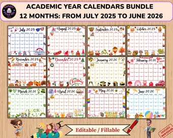 Editable School Calendar 2025-2026 From July to June, Printable ...
