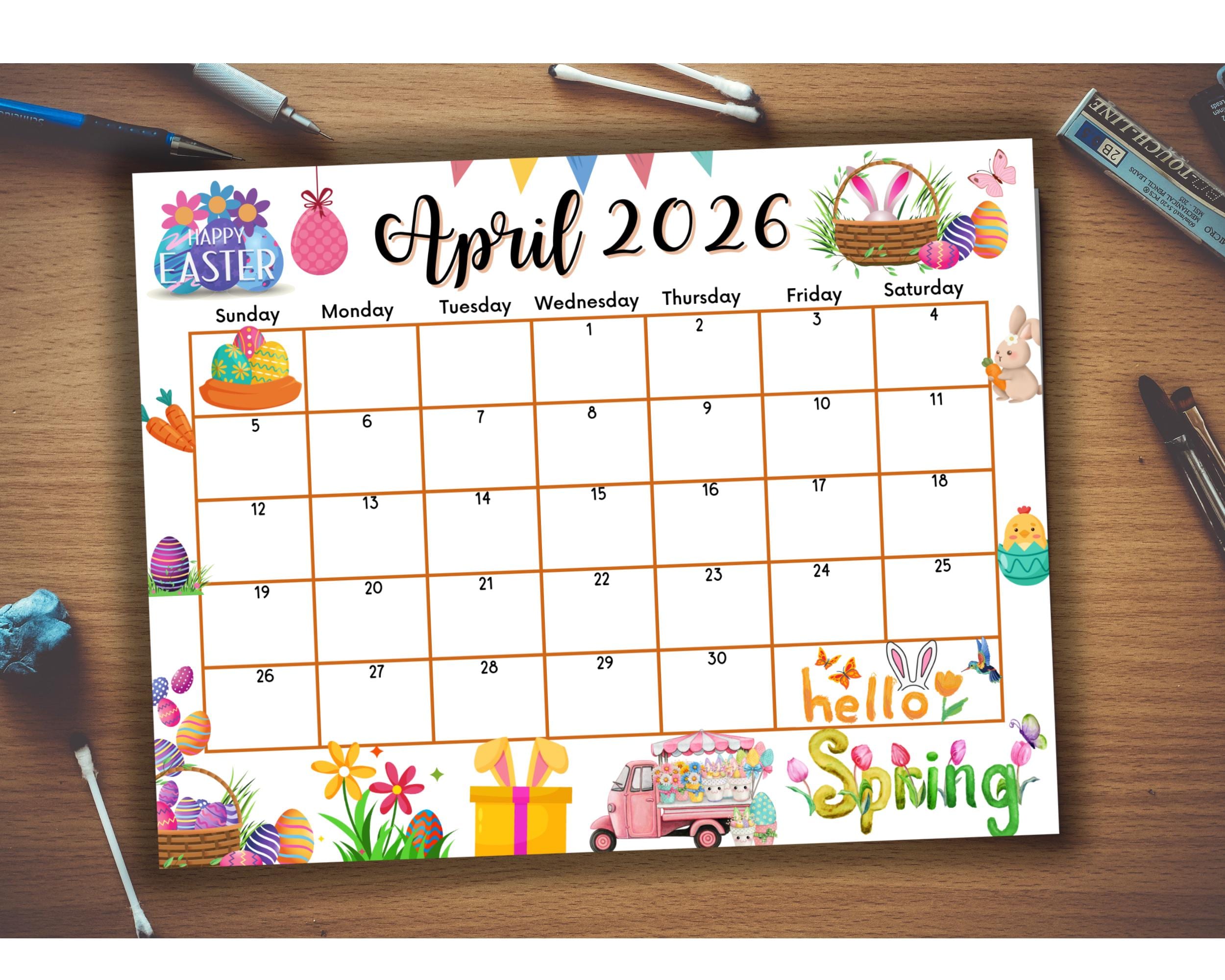 Editable Fillable April 2026 Calendar for Happy Easter With Colorful ...