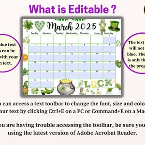 Editable Fillable March 2025 Calendar for St. Patrick's Day, Printable ...
