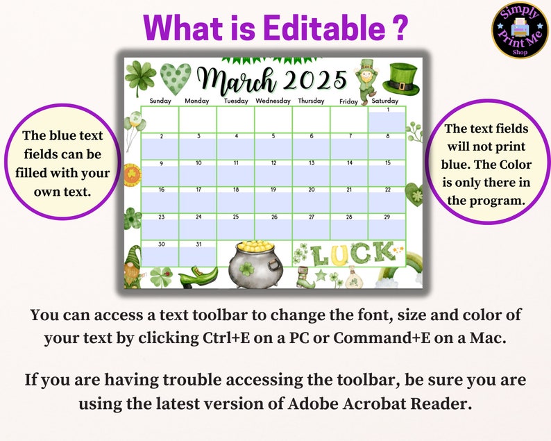 Editable Fillable March 2025 Calendar for St. Patrick's Day, Printable ...