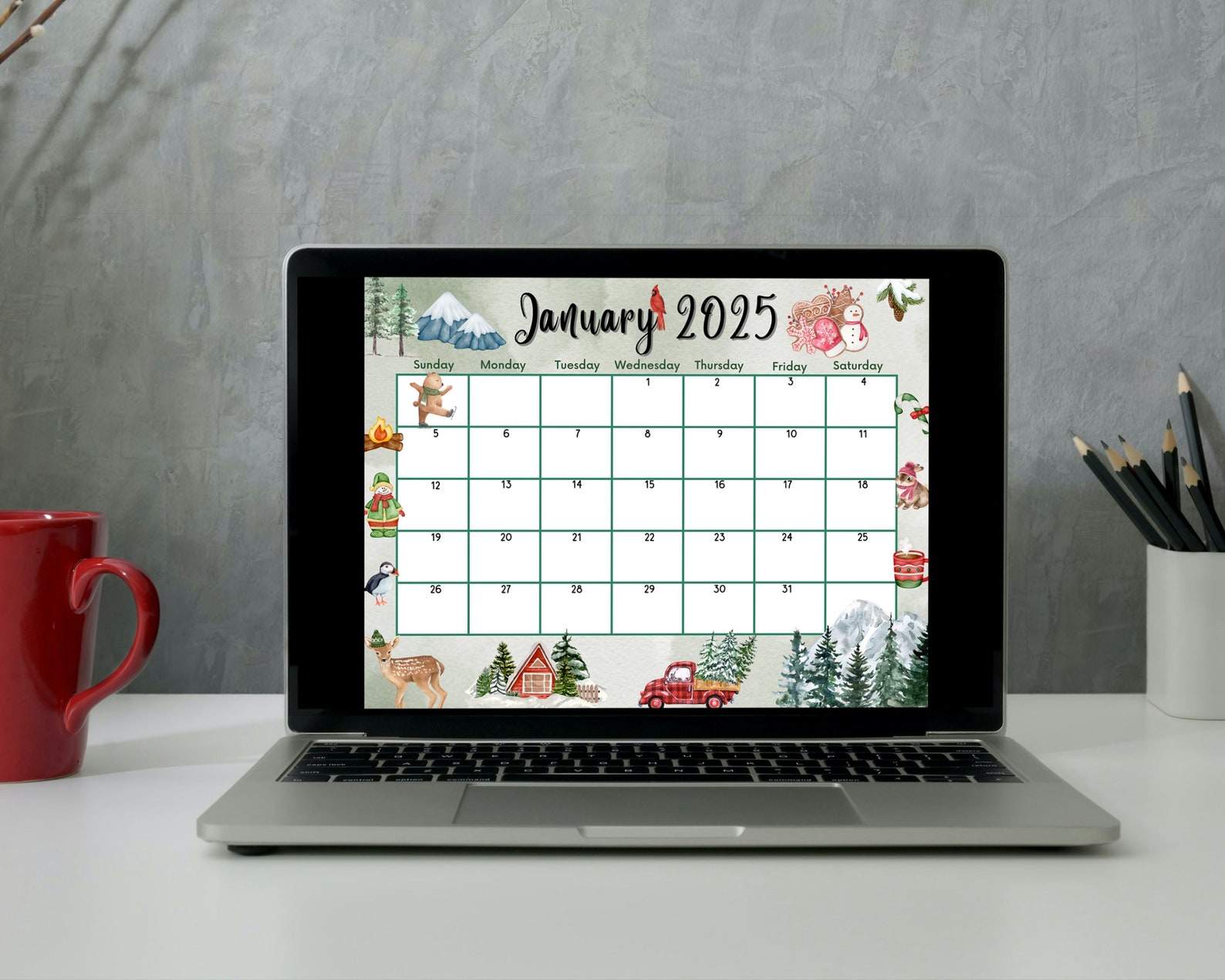 Editable January 2025 Calendar for Happy Winter, New Year 2025, Trees ...
