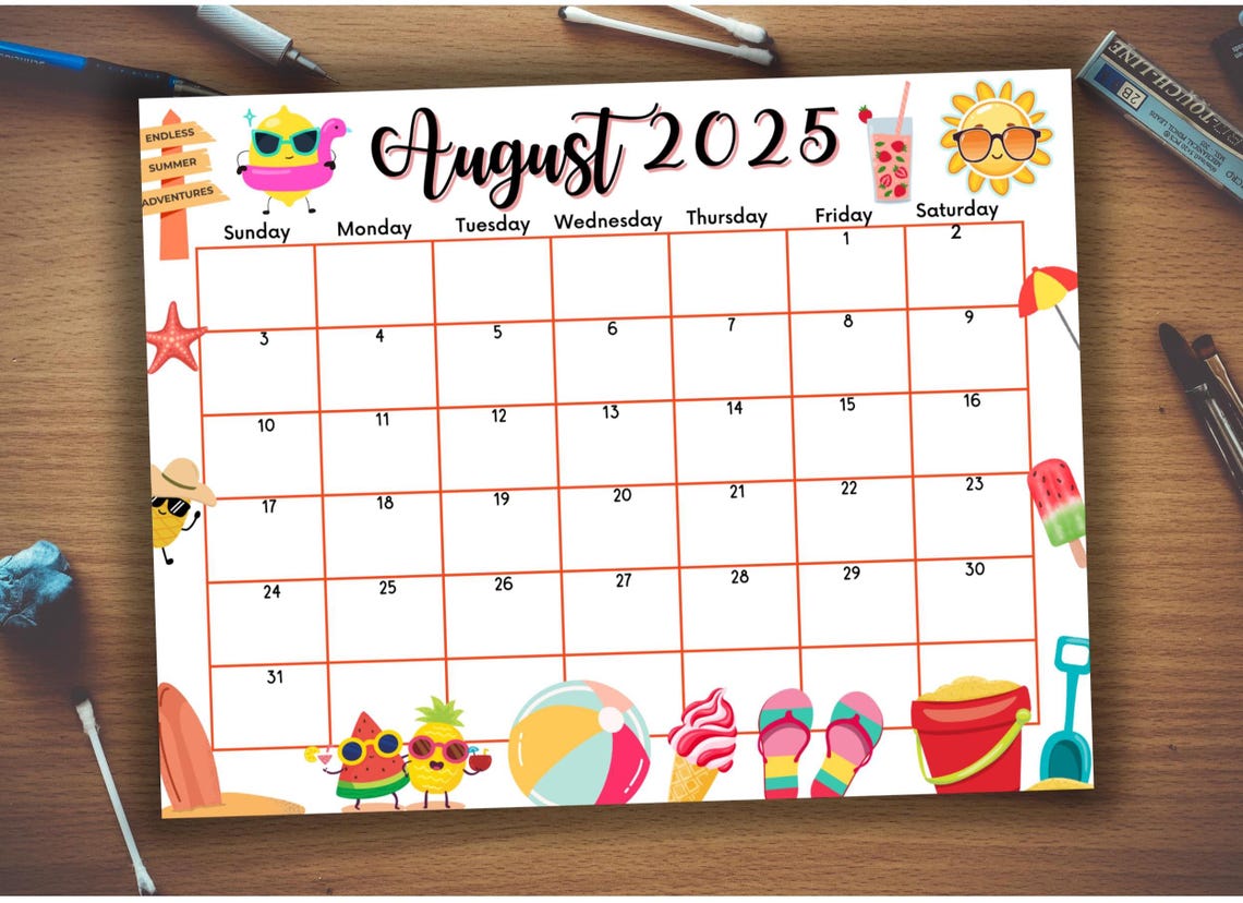 Editable Fillable August 2025 Calendar for Happy Summer Vacation at the ...