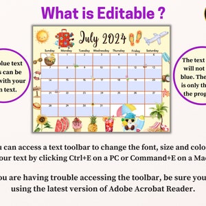 Editable Fillable July 2024 Calendar for Joyful Summer, Relaxing ...