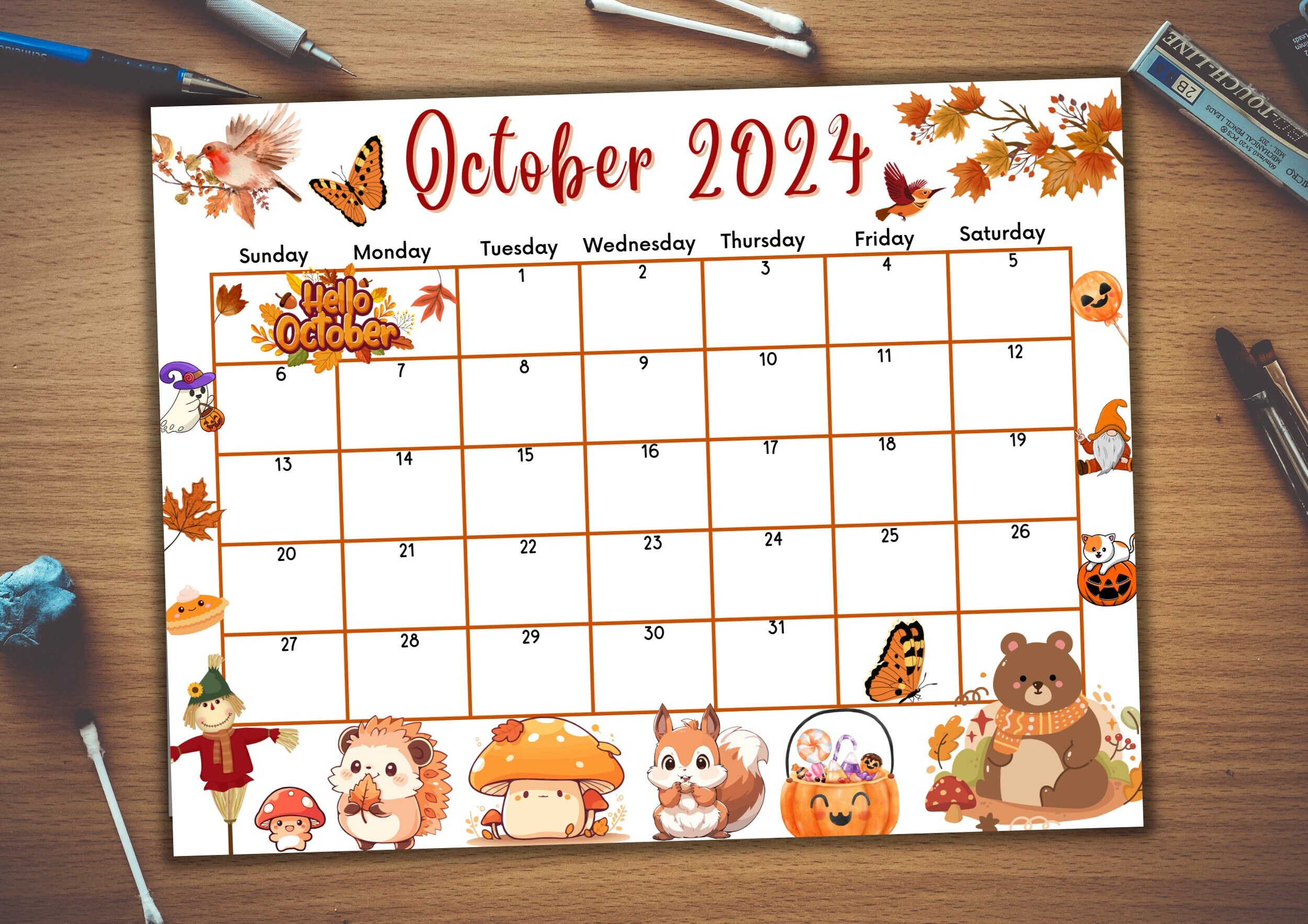 Editable Fillable October 2024 Calendar for Autumn, Fall, Happy ...