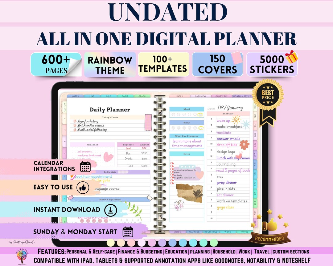 Undated All in One Digital Planner 2025 2026 2027, Digital Planner ...