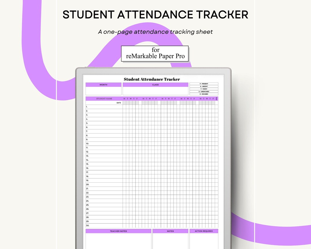 Student Attendance Tracker for Remarkable Paper Pro Single Page PDF ...