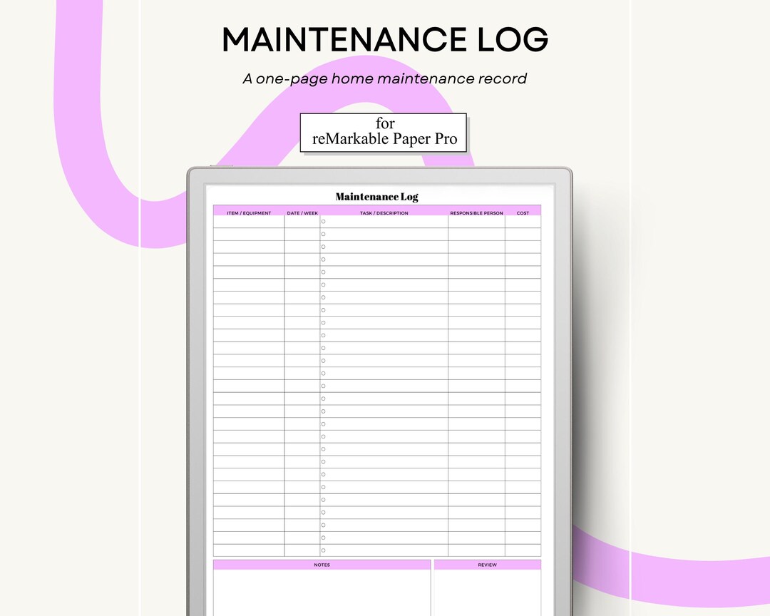 Maintenance Log for Remarkable Paper Pro Single Page Template - Etsy