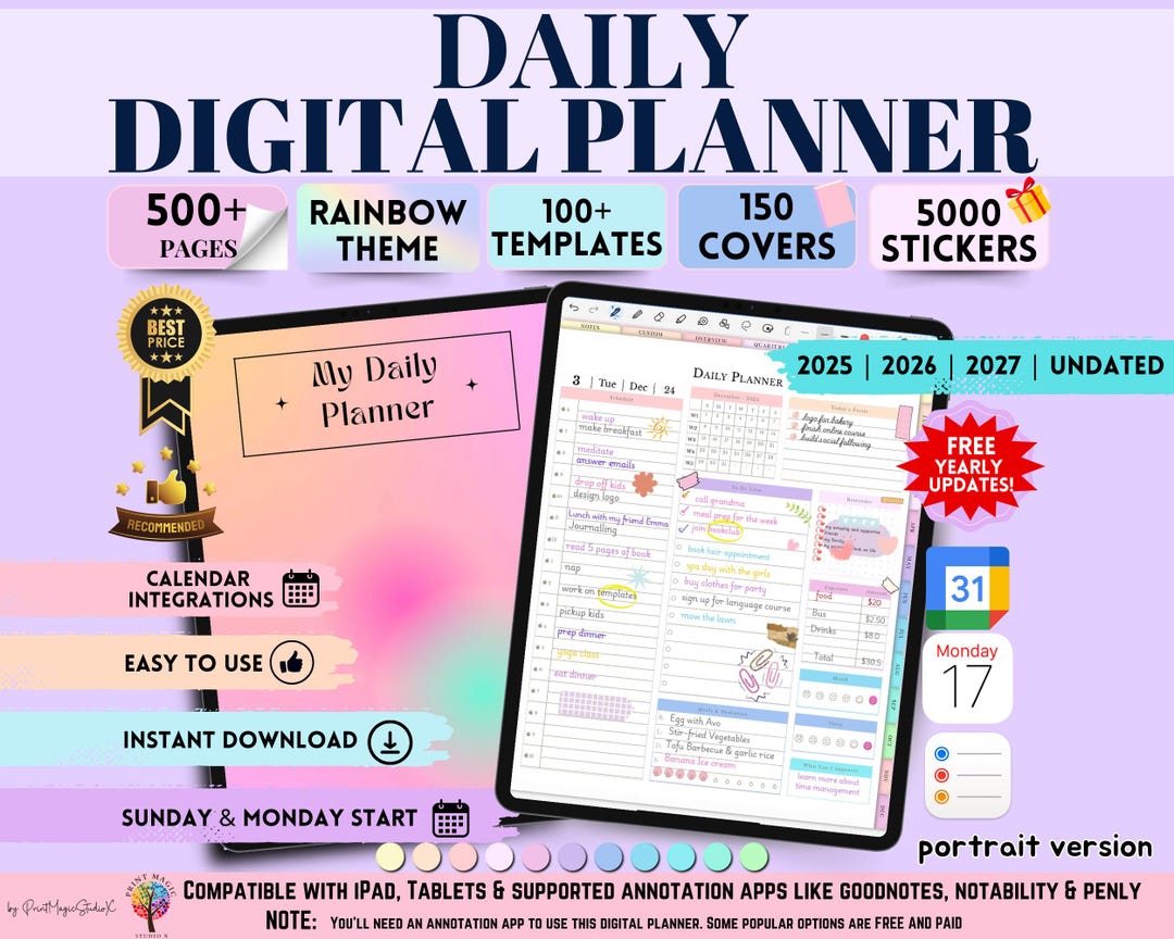 Daily Digital Planner Portrait 2025, 2026, 2027, UNDATED Monthly Weekly ...