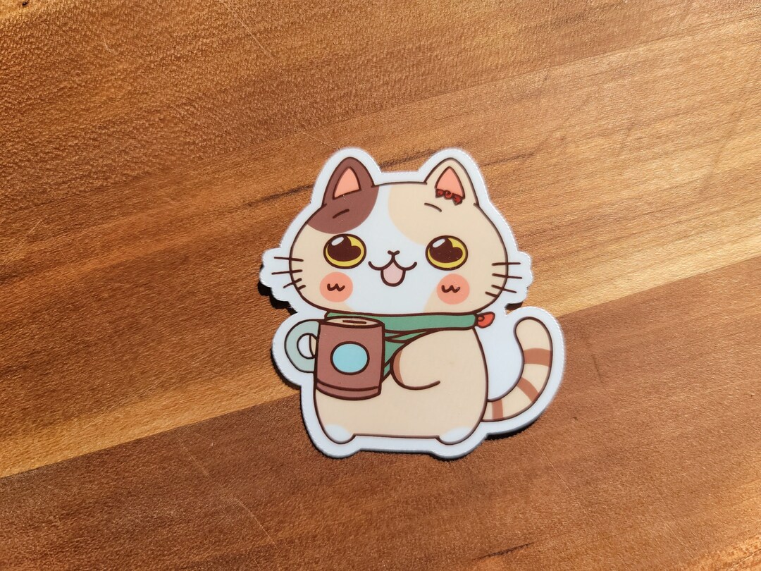 Cute Cat Drinking Coffee Vinyl Sticker | Kawaii Cat Sticker | Water ...