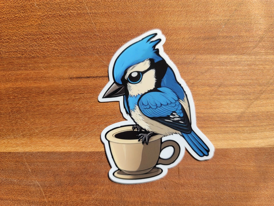 Cute Blue Jay With Coffee Vinyl Sticker | Water Bottle Sticker | Laptop ...