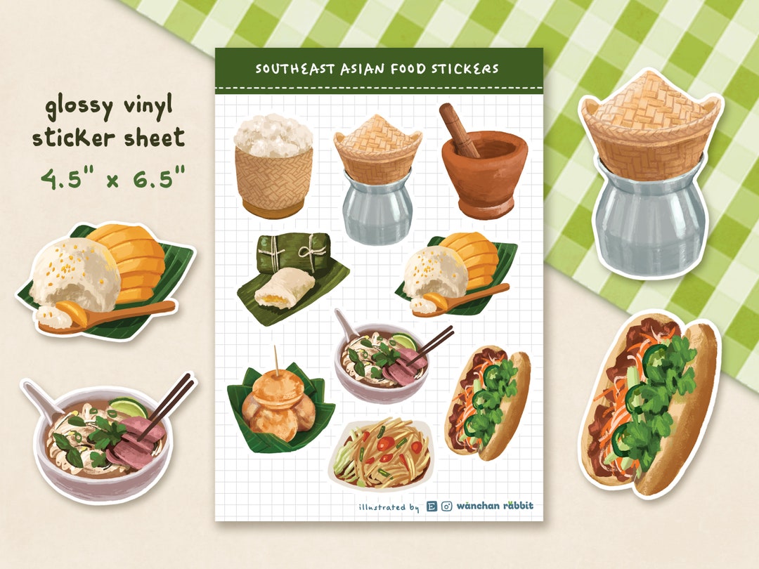 Southeast Asian Food Sticker Sheet | Water-resistant Glossy Vinyl ...