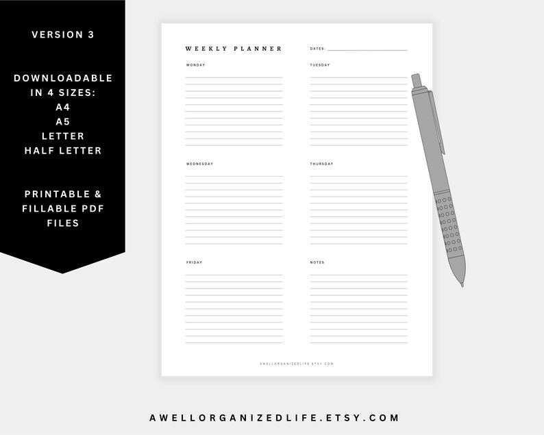 Five Day Weekly Planner Printable Weekly Planner - Etsy