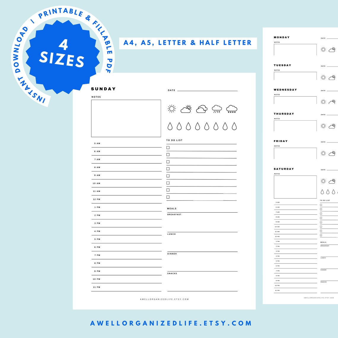 7 Day Planner W/meals Printable,weekly Planner,daily to Do,hourly ...