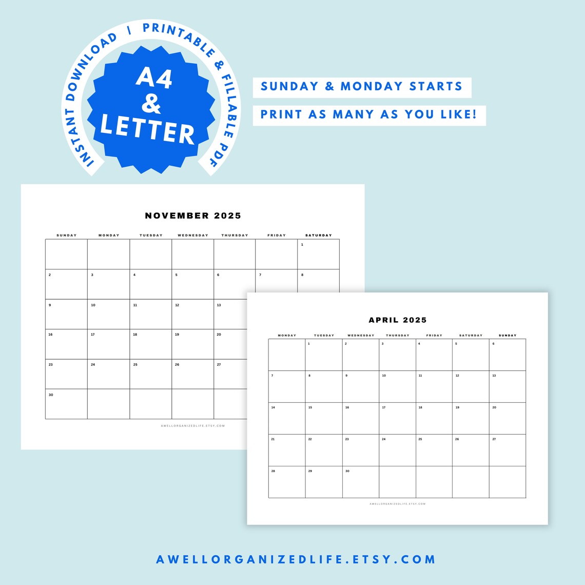 2025 Monthly Calendar Horizontal Printable & Fillable, Minimalist ...