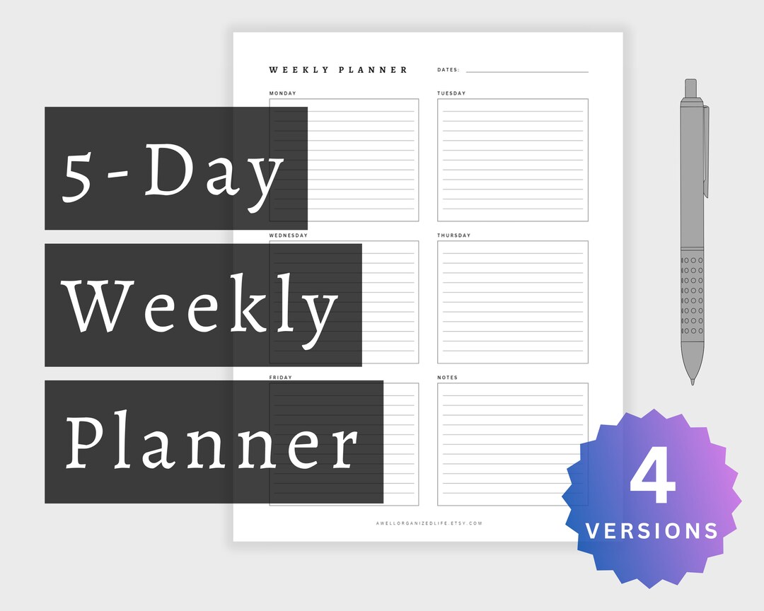 Five Day Weekly Planner Printable Weekly Planner - Etsy