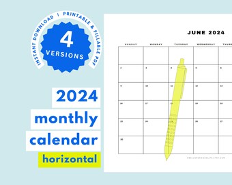 2025 Monthly Calendar Horizontal Printable & Fillable, Minimalist ...