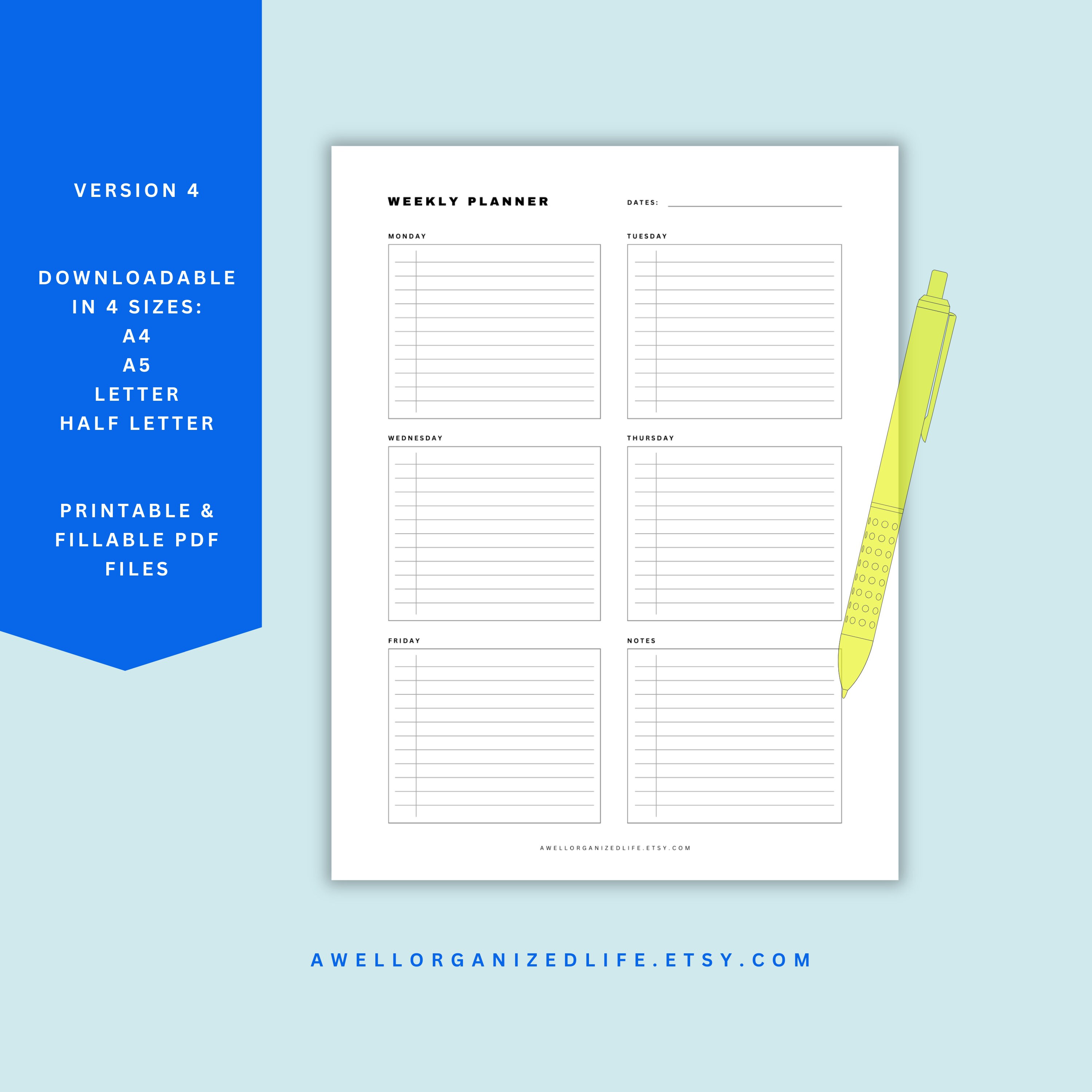 Five Day Weekly Planner Printable, Weekly Planner, Productivity ...